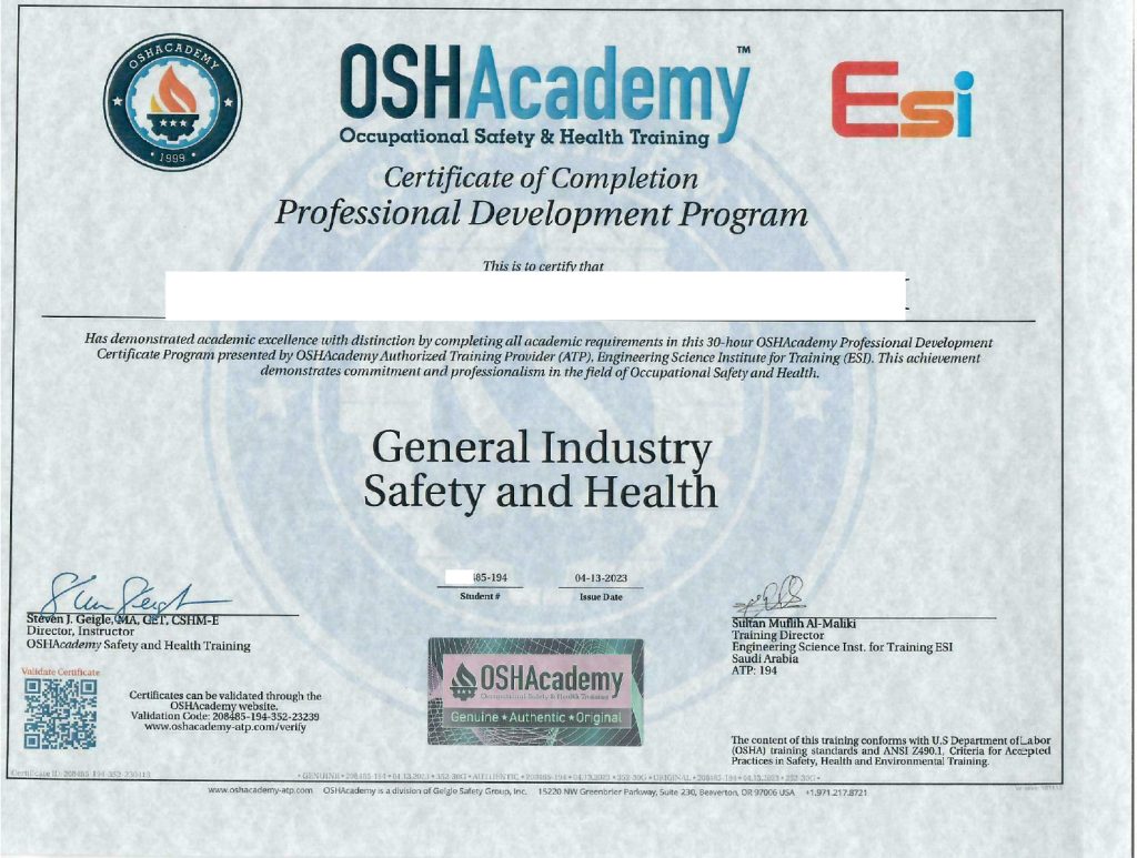 OSHA Occupational Health and Safety Course - Engineering Science ...